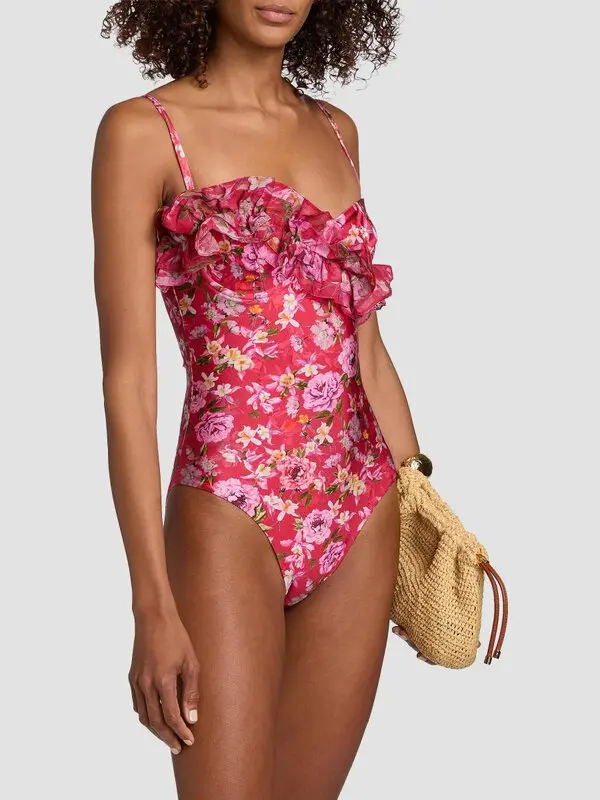 PatBO Peony Print Ruffled Swimsuit