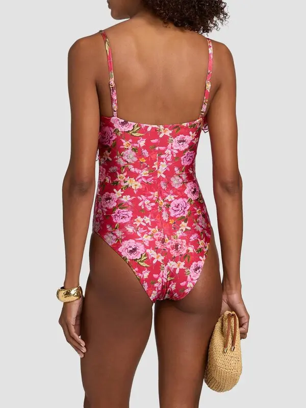 PatBO Peony Print Ruffled Swimsuit
