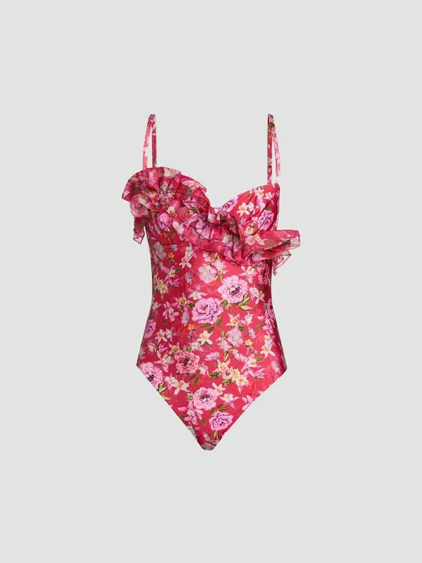 PatBO Peony Print Ruffled Swimsuit - Red