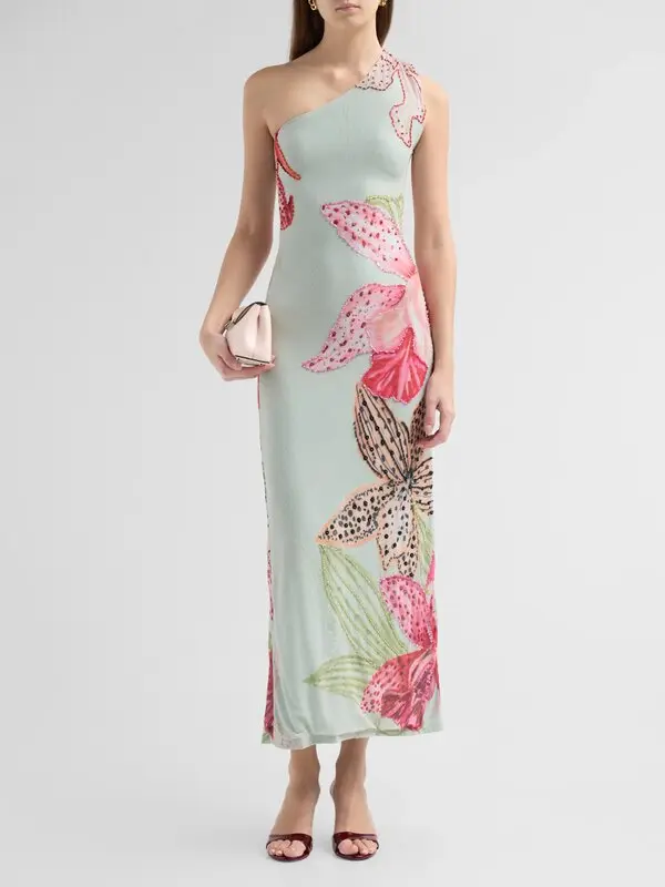 PatBO Orchid Bloom One-shoulder Beaded Tulle Maxi Dress