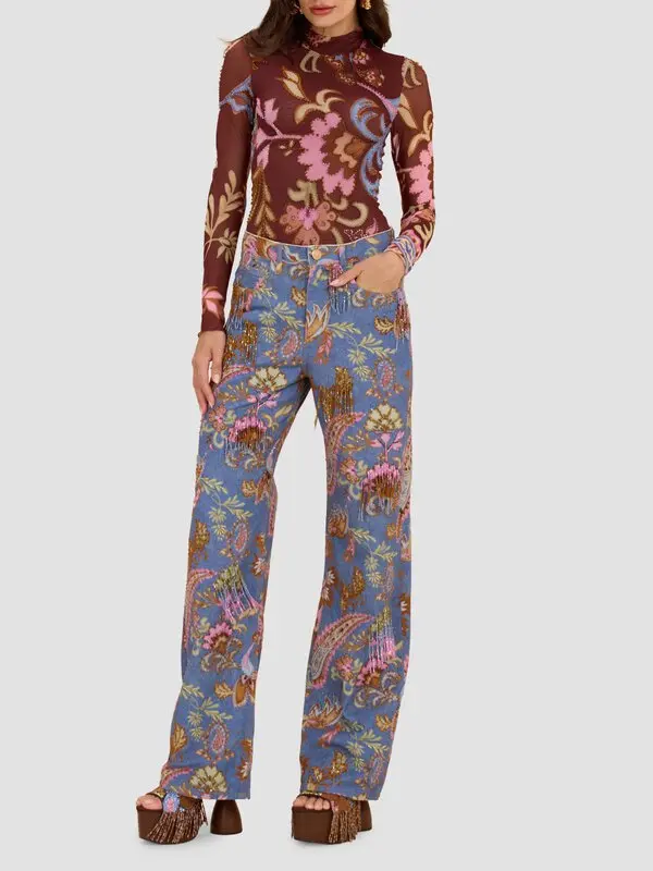 PatBO Boho Embellished Paisley Wide-leg Jeans