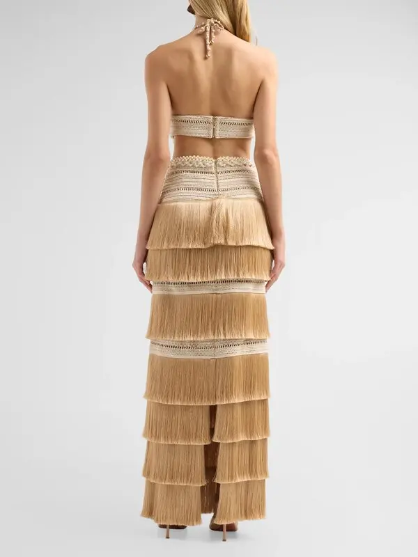 PatBO Crochet Petal-fringe Halterneck Maxi Dress