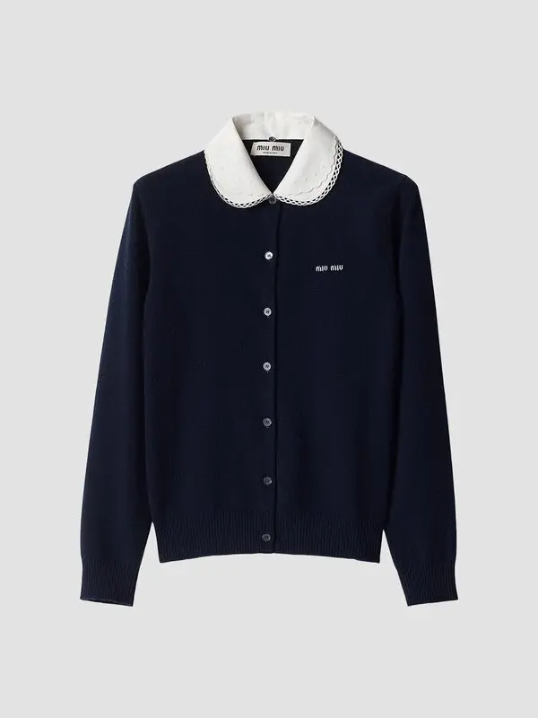 Miu Miu Cashmere Cardigan With Embroidered Poplin Collar
