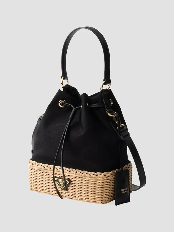 Prada Wicker And Canvas Bucket Bag - Black