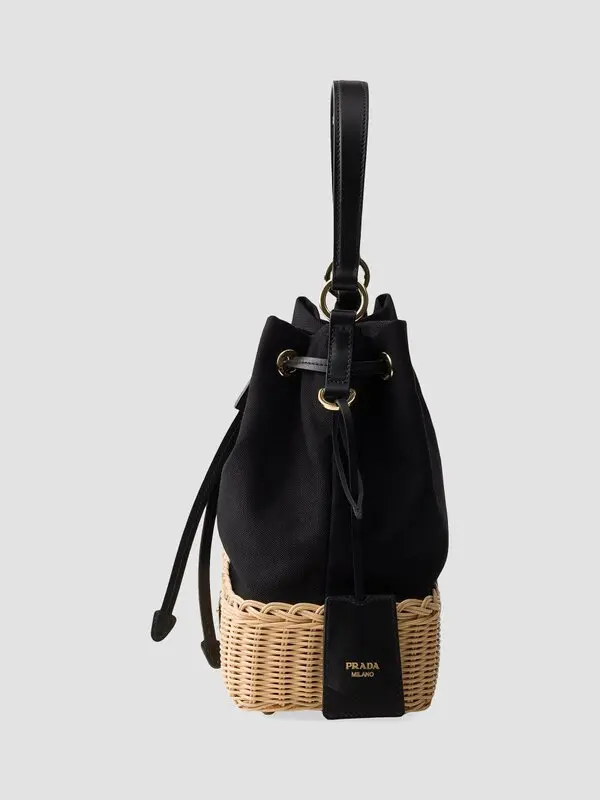 Prada Wicker And Canvas Bucket Bag - Black