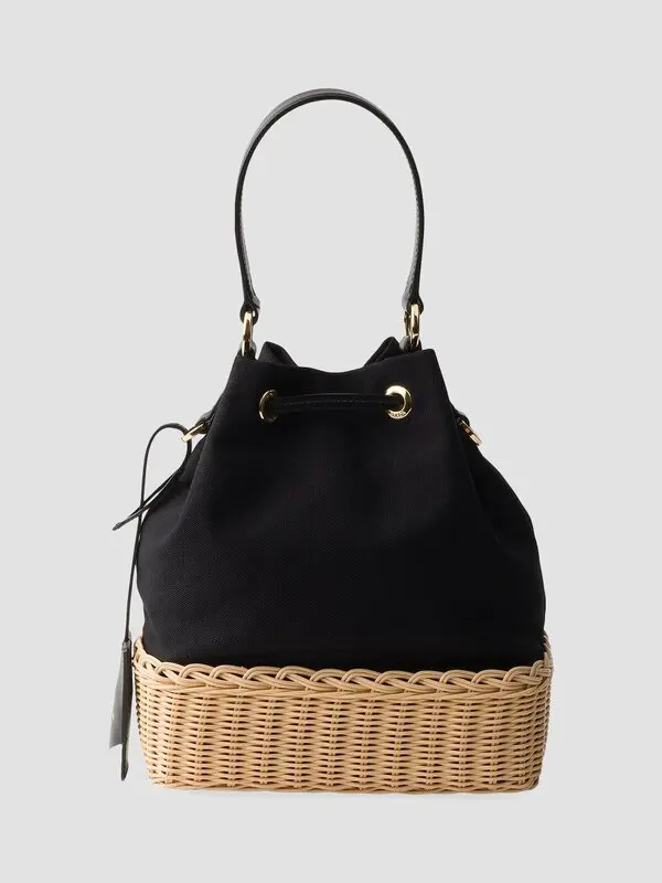 Prada Wicker And Canvas Bucket Bag - Black