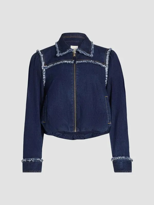 Cinq À Sept Indria Denim Fringe Crop Bomber Jacket
