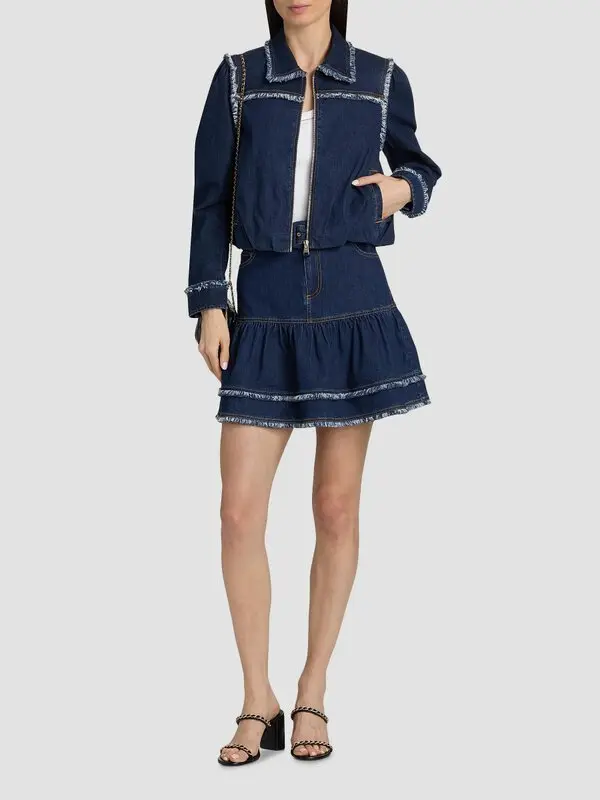 Cinq À Sept Indria Denim Fringe Crop Bomber Jacket