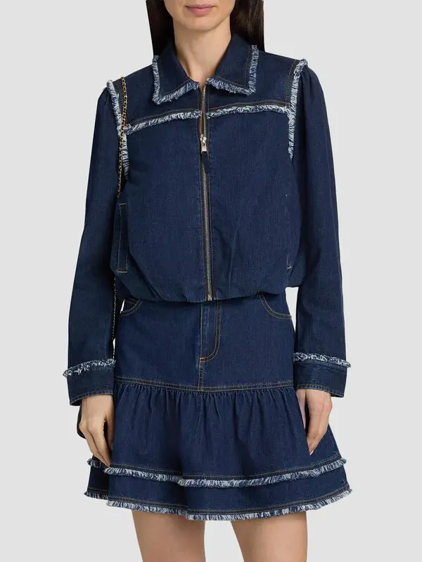 Cinq À Sept Indria Denim Fringe Crop Bomber Jacket