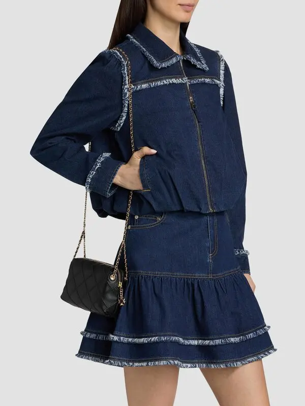 Cinq À Sept Indria Denim Fringe Crop Bomber Jacket