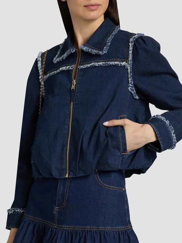 Cinq À Sept Indria Denim Fringe Crop Bomber Jacket