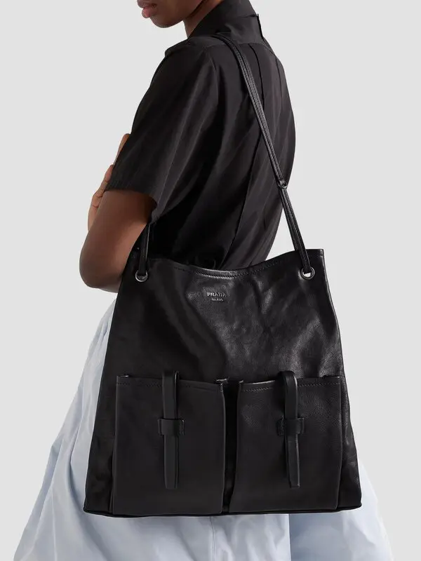 Prada Route Large Leather Shoulder Bag - Black