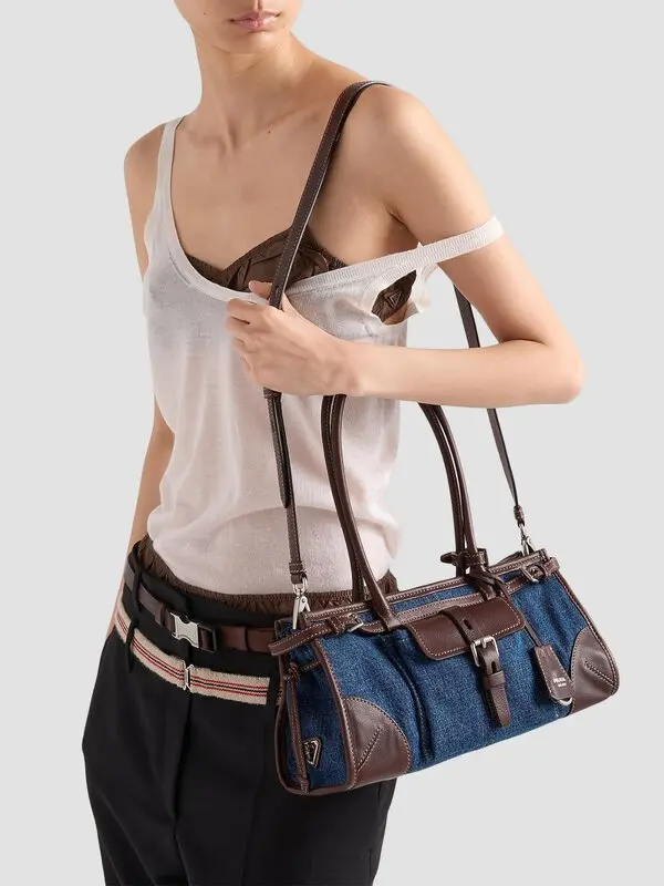 Prada Bonnie Medium Denim And Leather Top Handle Bag
