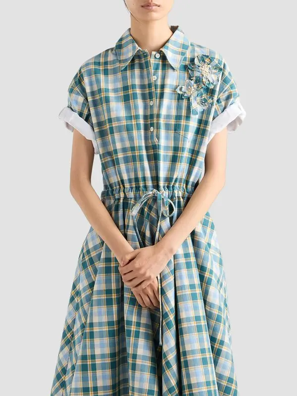 Prada Embroidered Checked Cotton Dress - Multicolor