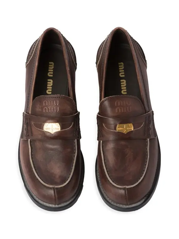 Miu Miu Vintage-effect Leather Penny Loafers - Brown