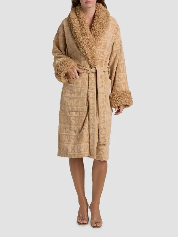 Versace Faux Fur-trim Logo Terry Bathrobe - Camel