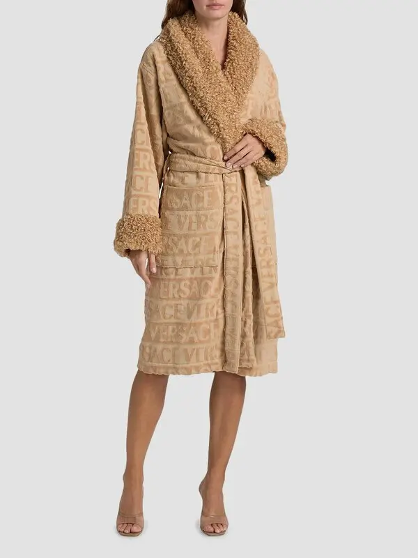 Versace Faux Fur-trim Logo Terry Bathrobe - Camel