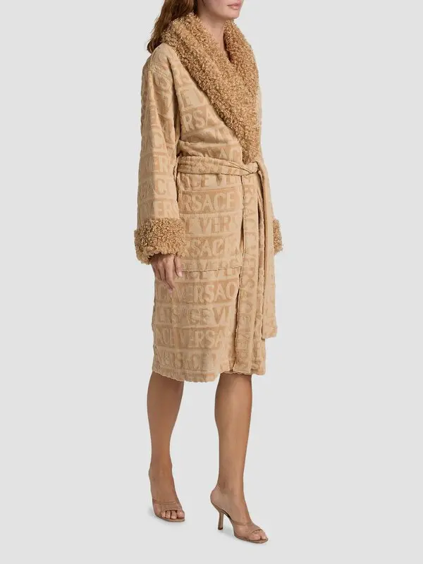 Versace Faux Fur-trim Logo Terry Bathrobe - Camel