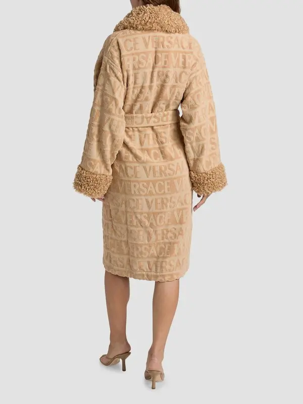 Versace Faux Fur-trim Logo Terry Bathrobe - Camel