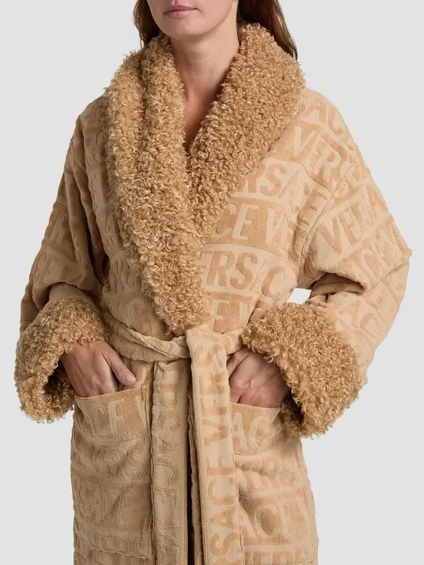 Versace Faux Fur-trim Logo Terry Bathrobe - Camel