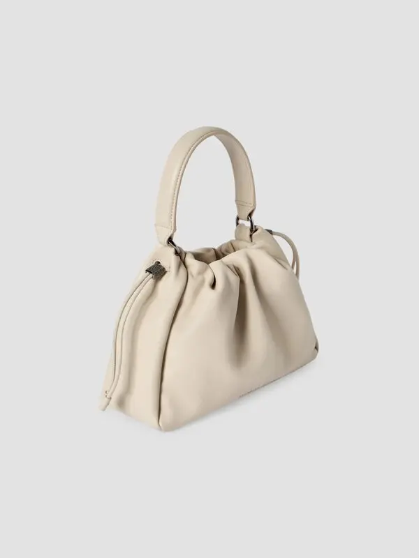 Brunello Cucinelli Mellow Small Bucket Bag In Soft Leather With Monili - Ivory