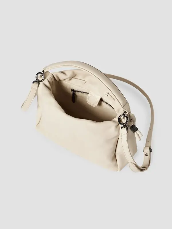 Brunello Cucinelli Mellow Small Bucket Bag In Soft Leather With Monili - Ivory
