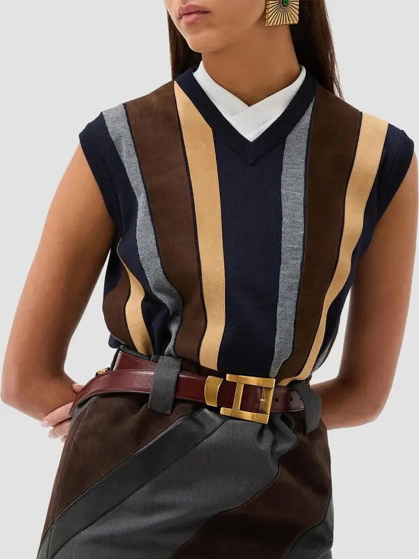 Versace Striped Leather Patchwork Sleeveless Virgin Wool Vest