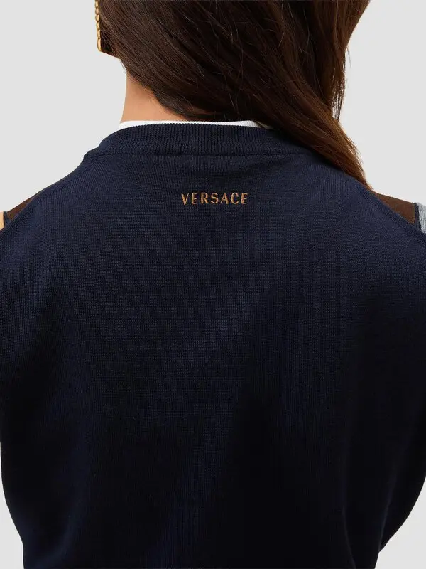 Versace Striped Leather Patchwork Sleeveless Virgin Wool Vest