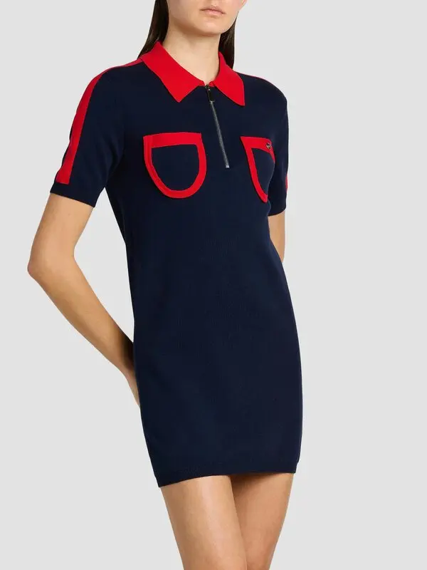 Versace Two-tone Cotton-cashmere Polo Minidress - Navy