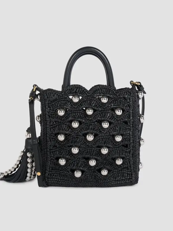 Rabanne Embellished Raffia Top Handle Bag - Black Silver
