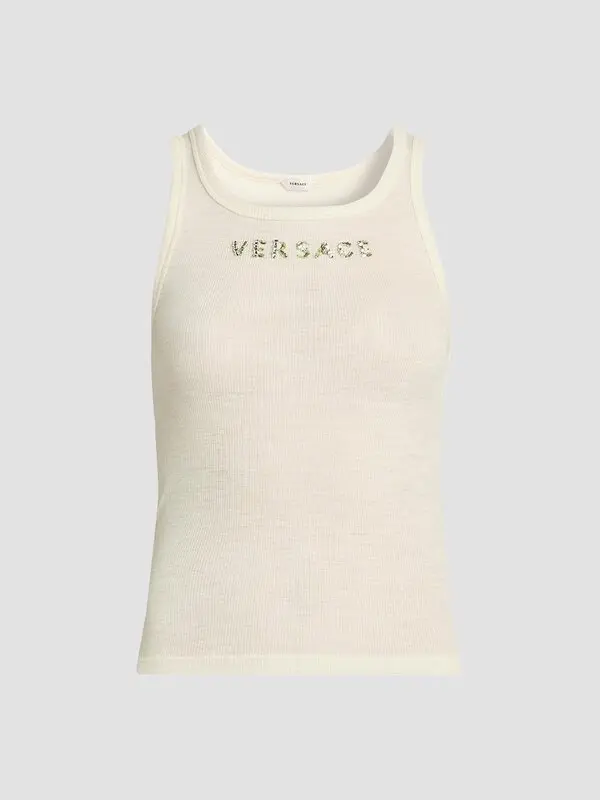 Versace La Vacanza Crystal Logo Rib-knit Tank