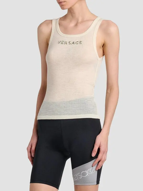 Versace La Vacanza Crystal Logo Rib-knit Tank
