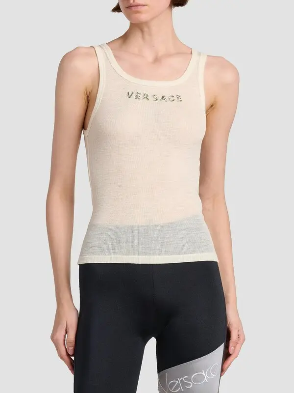 Versace La Vacanza Crystal Logo Rib-knit Tank