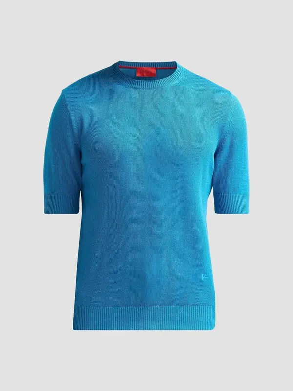Isaia Silk-linen Knit Short-sleeve Crewneck Shirt - Blue