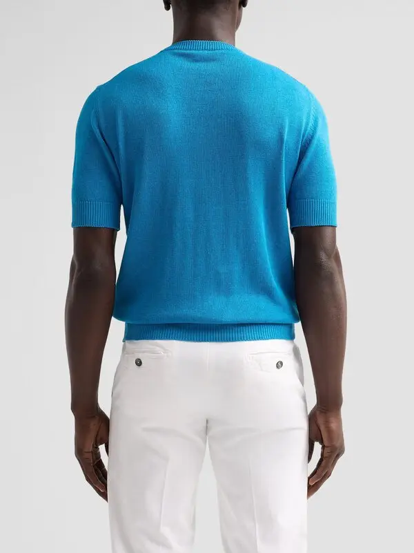 Isaia Silk-linen Knit Short-sleeve Crewneck Shirt - Blue