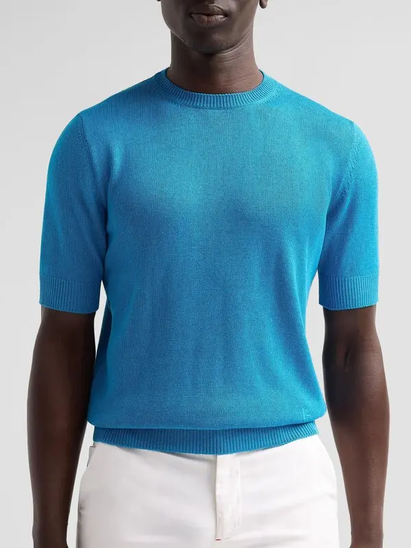 Isaia Silk-linen Knit Short-sleeve Crewneck Shirt - Blue