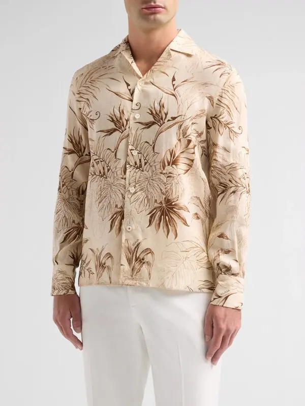 Isaia Palm-print Linen Camp Shirt
