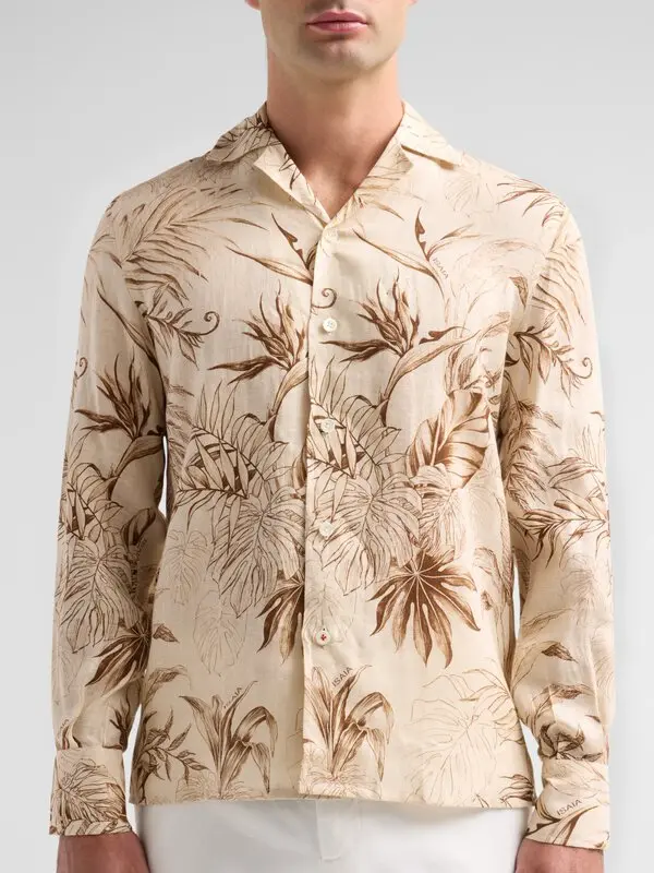 Isaia Palm-print Linen Camp Shirt