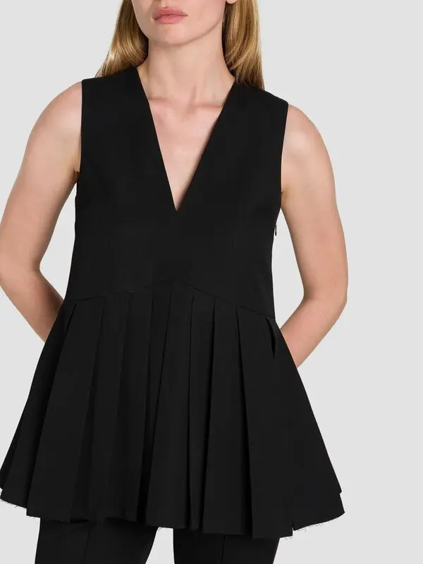 JIL SANDER Pleated Wool V-neck Sleeveless Top