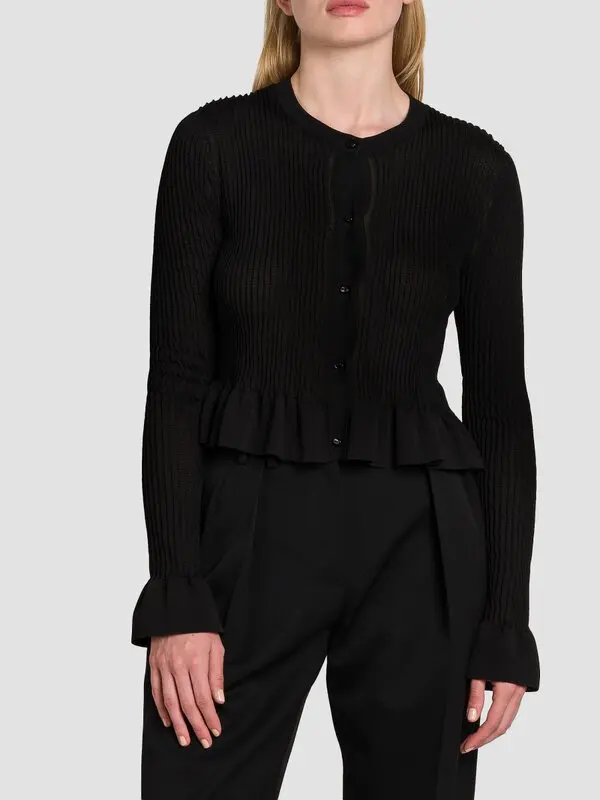 JIL SANDER Frill-trim Rib-knit Cardigan - Black