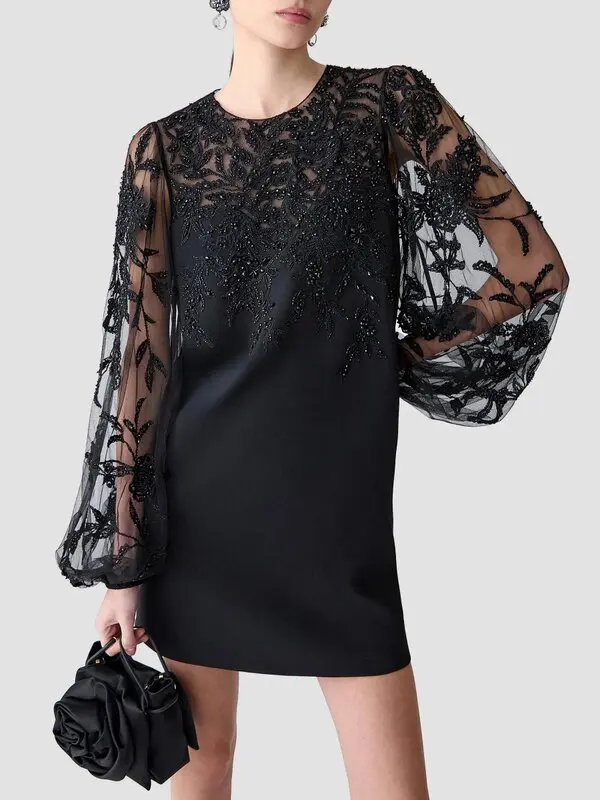 Carolina Herrera Embellished Lace Puff-sleeve Cocktail Dress