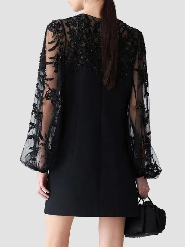 Carolina Herrera Embellished Lace Puff-sleeve Cocktail Dress