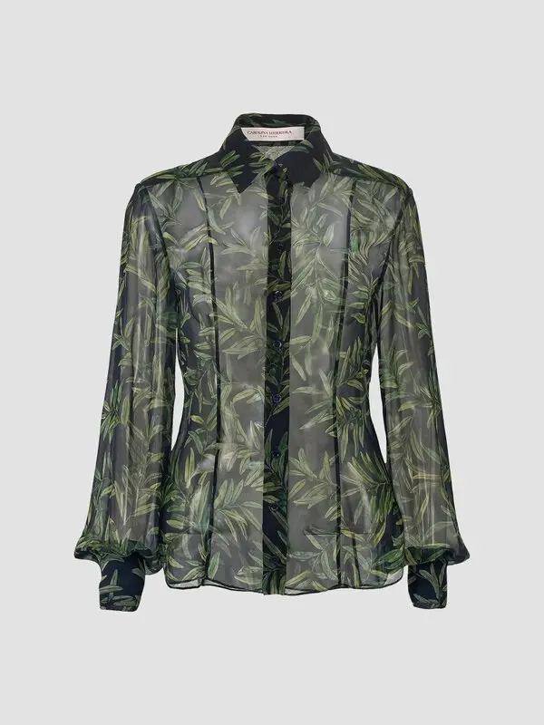 Carolina Herrera Leaf-print Silk Sheer Shirt - Midnight Multi