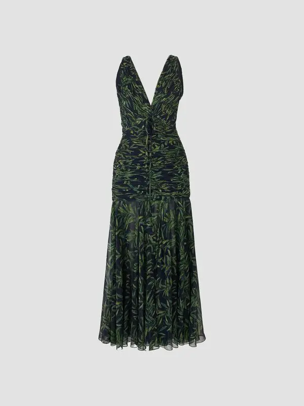 Carolina Herrera Gathered V-neck Midi-dress - Midnight Multi