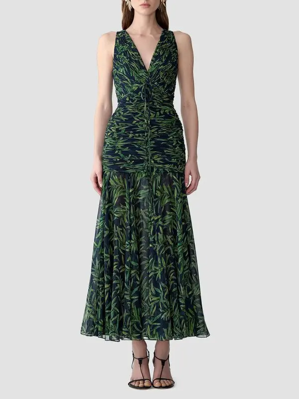 Carolina Herrera Gathered V-neck Midi-dress - Midnight Multi
