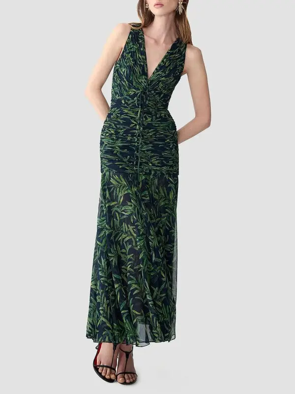 Carolina Herrera Gathered V-neck Midi-dress - Midnight Multi