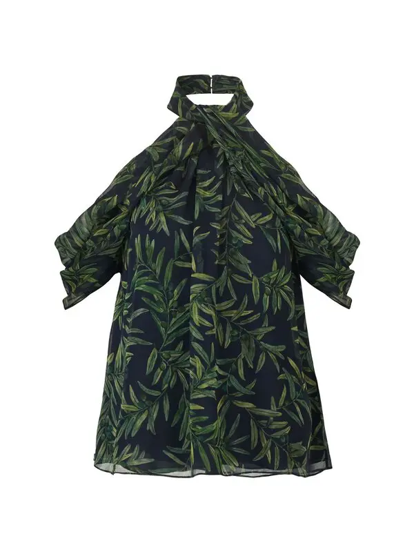 Carolina Herrera Leaf-print Draped Halterneck Off-the-shoulder Blouse
