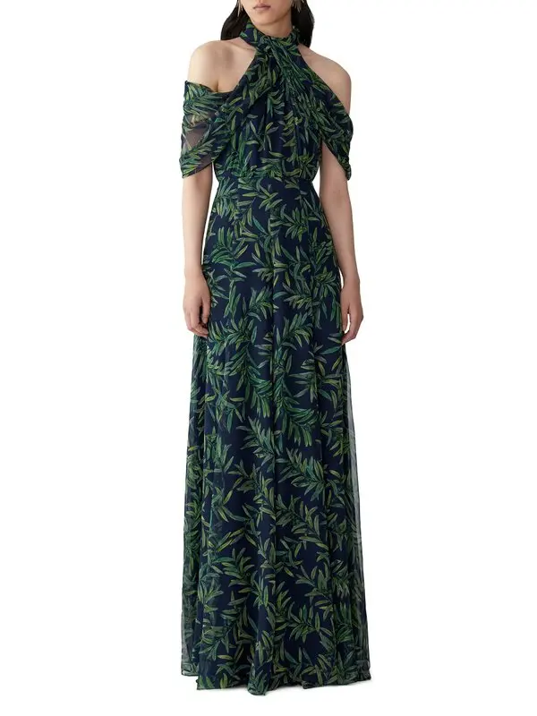 Carolina Herrera Leaf-print Draped Halterneck Off-the-shoulder Blouse