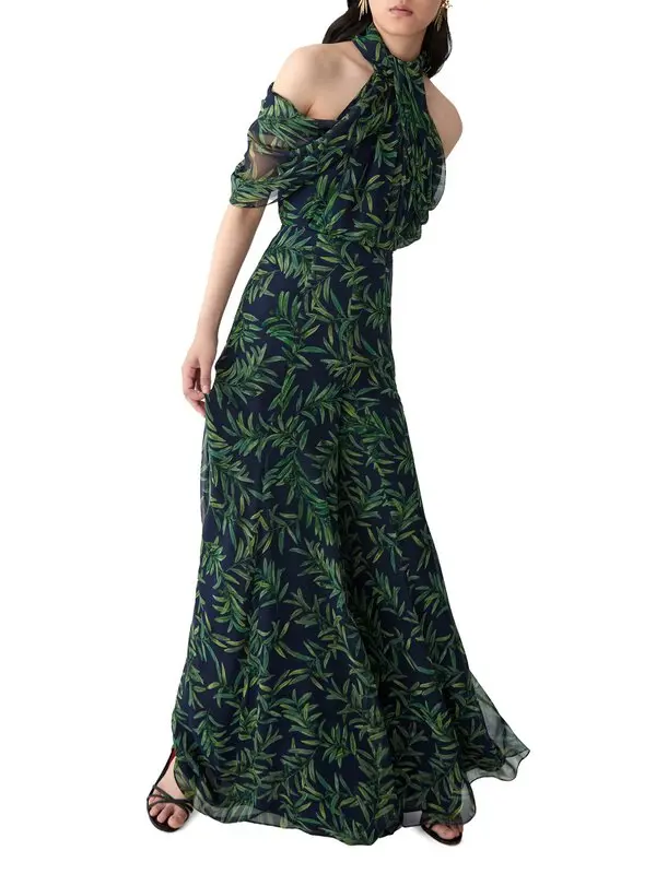Carolina Herrera Leaf-print Draped Halterneck Off-the-shoulder Blouse