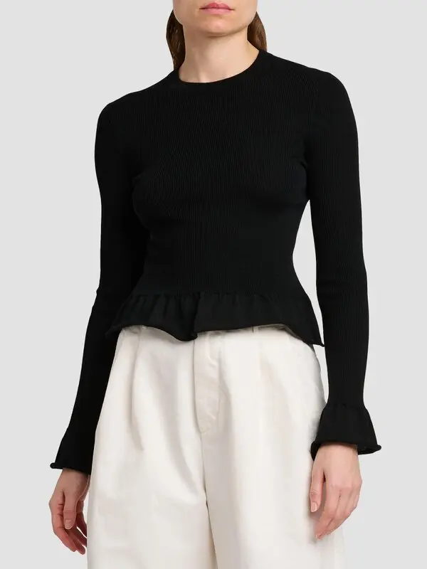 JIL SANDER Wool Flared-trim Slim-fit Crewneck Sweater - Black